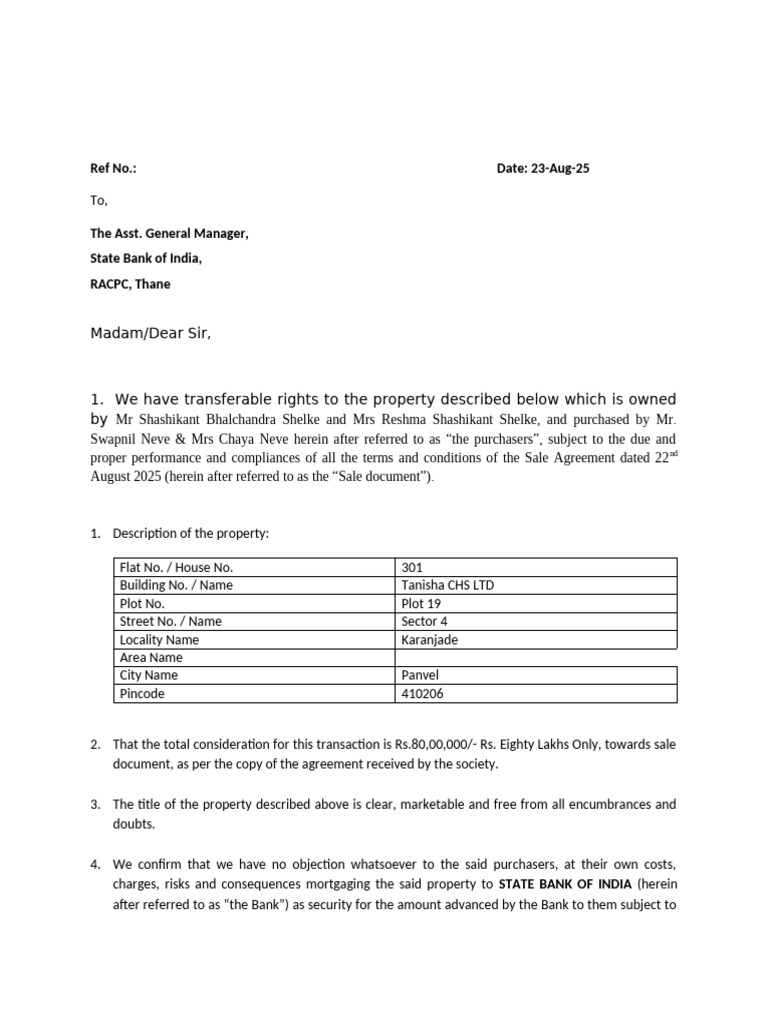 SBI NOC Format for Property Mortgage | PDF | Banks | Banking