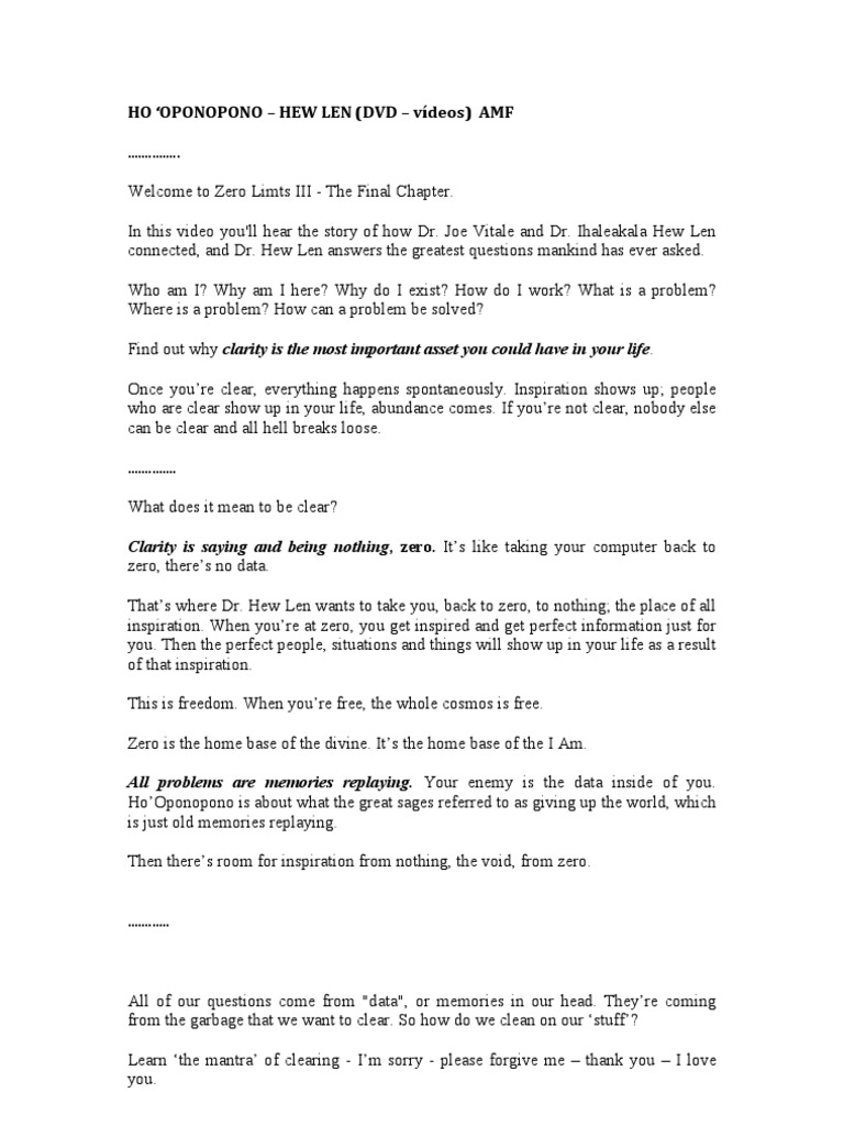 Ho Oponopono - Hew Len | PDF | Nothing | Mind