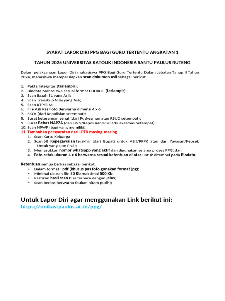 Syarat Lapor Diri PPG Guru 2025 | PDF