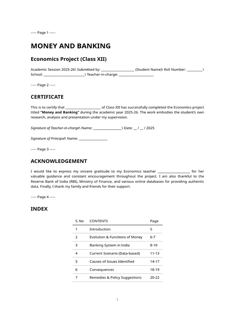 Class 12 Money and Banking Project | PDF | Money | Reserve Bank Of India