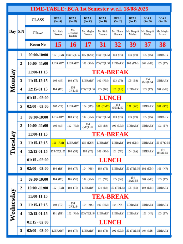 BCA 1st Semester Time-Table | PDF