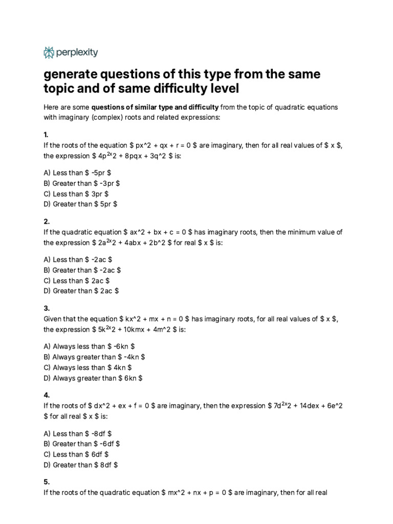 Generate Questions of This Type From The Same Topi | PDF | Quadratic ...