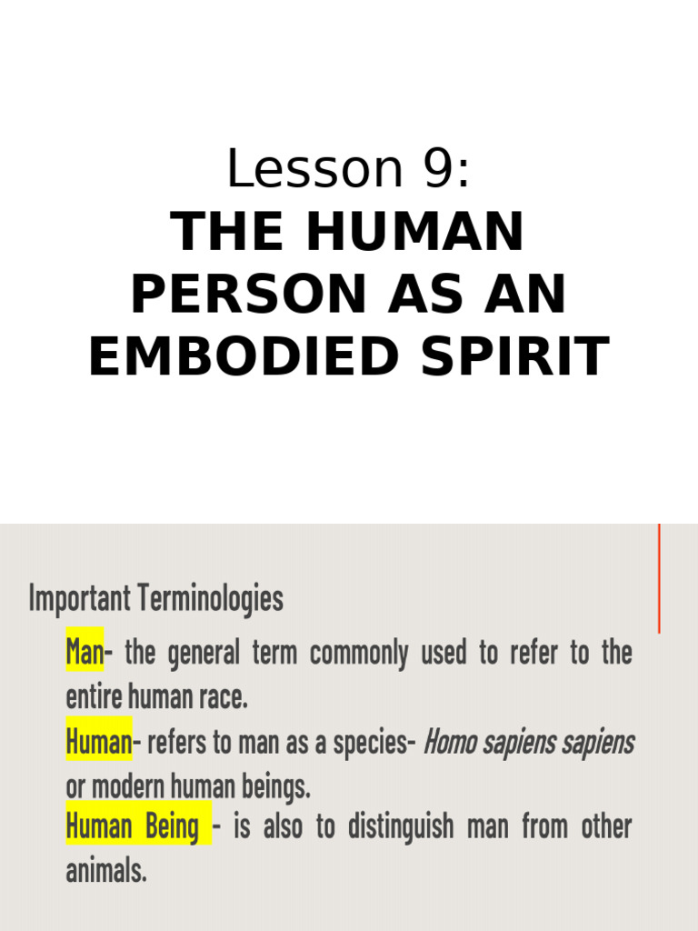 Lesson 9 The Human Person As An Embodied Spirit Hand Outs | PDF