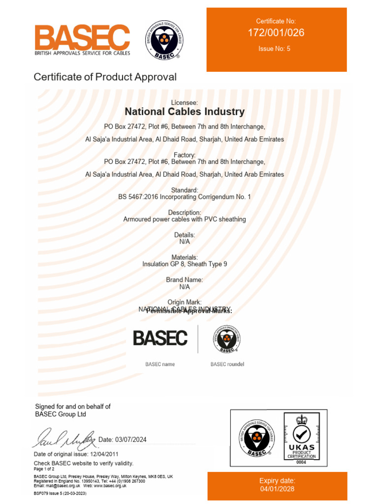 BASEC Approval for BS 5467 Cables | PDF | Electrical Engineering | Wire