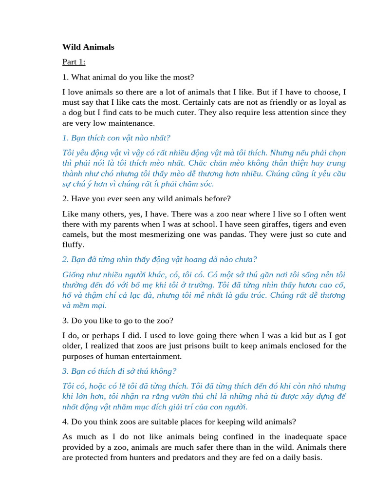WILD ANIMALS - Sample Answer | PDF
