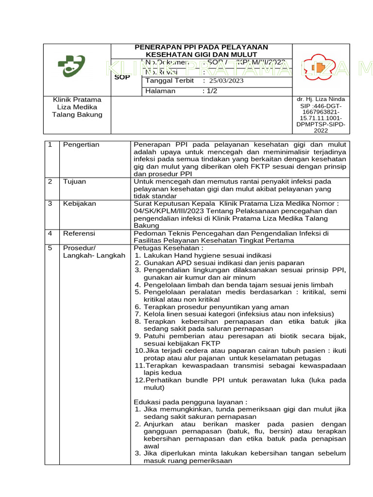 SOP PPI Kesehatan Gigi Dan Mulut | PDF
