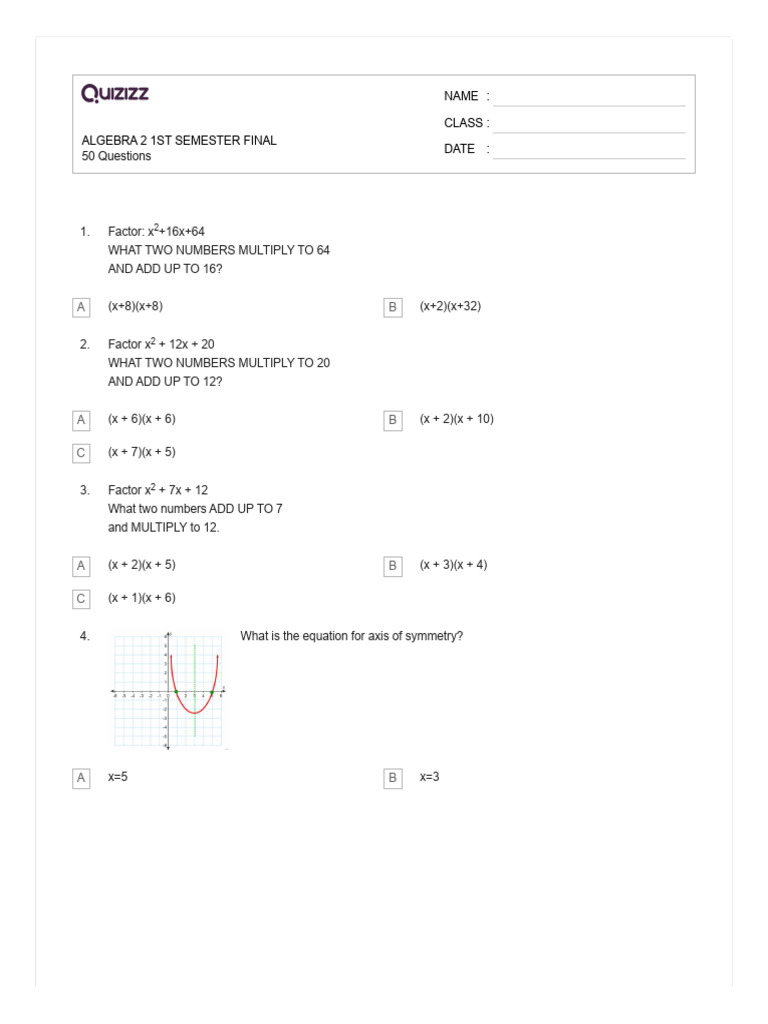 Algebra 2 1st Semester Final 50q | PDF | Elementary Mathematics ...