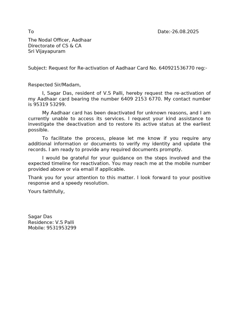 Aadhaar Card Reactivation Request | PDF