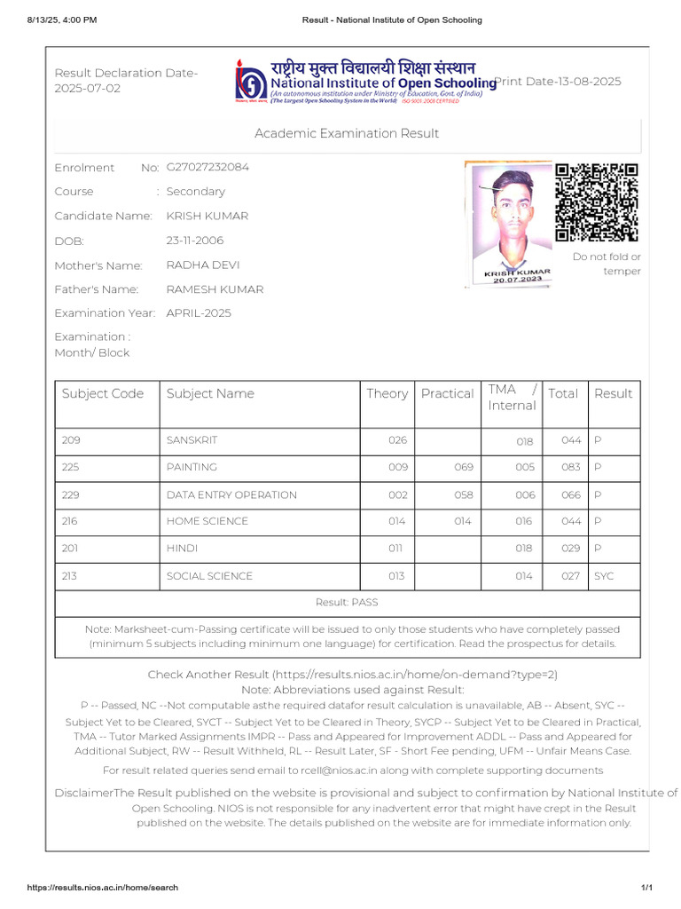 Result - National Institute of Open Schooling PDF | PDF