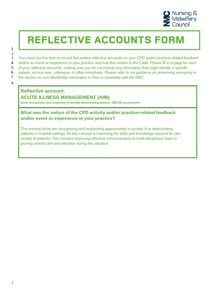 Reflective Accounts Form 1 | PDF | Health Care