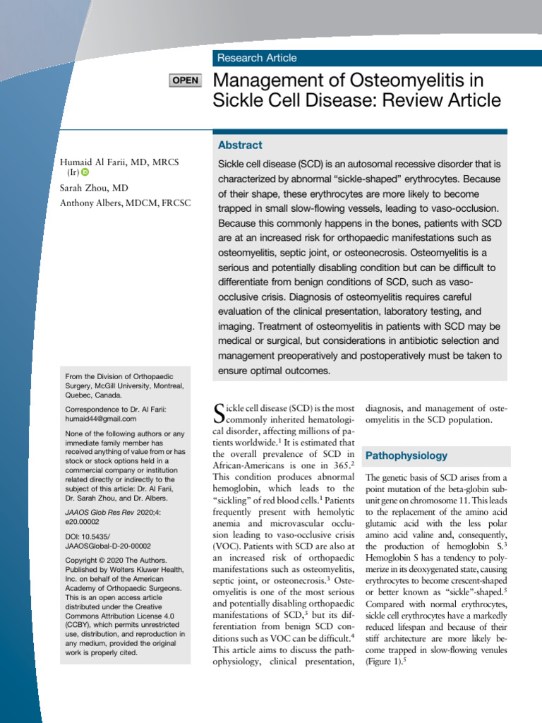 Management of Osteomyelitis in Sickle Cell Disease, Review Article ...