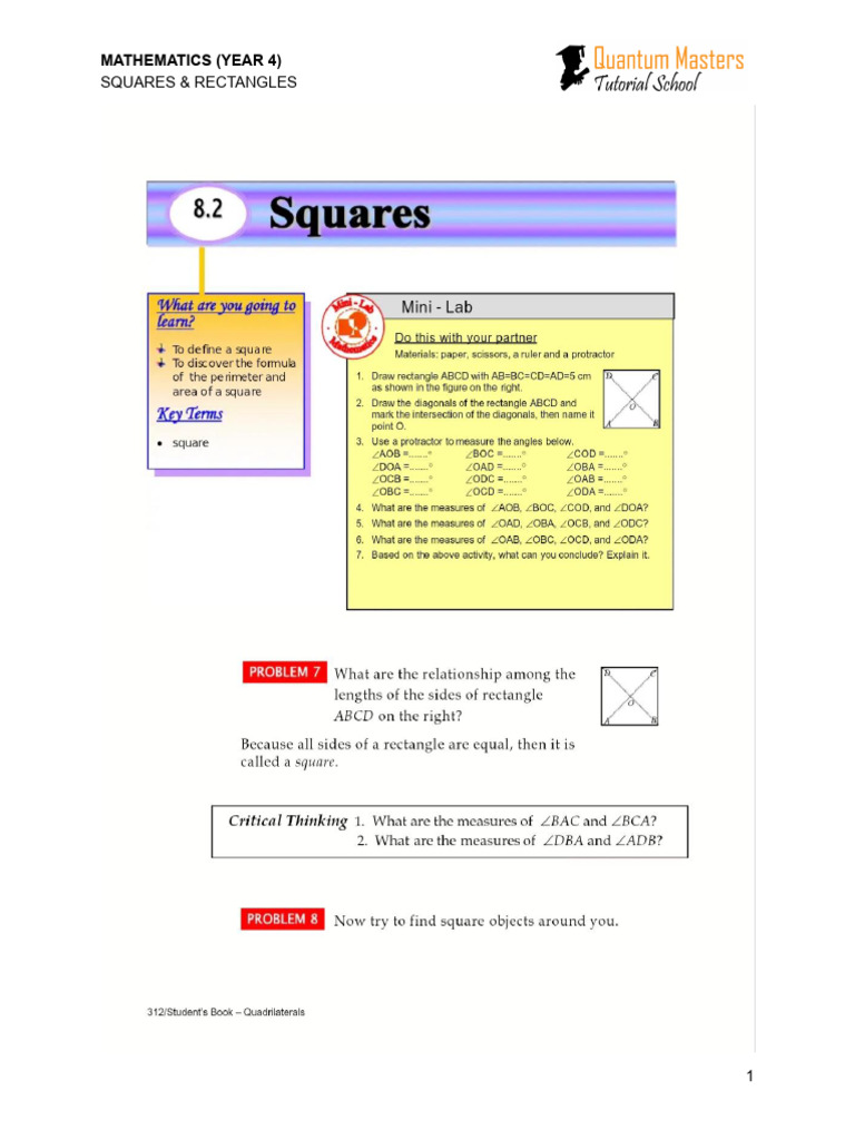 Year 4 Mathematics: Squares & Rectangles | PDF