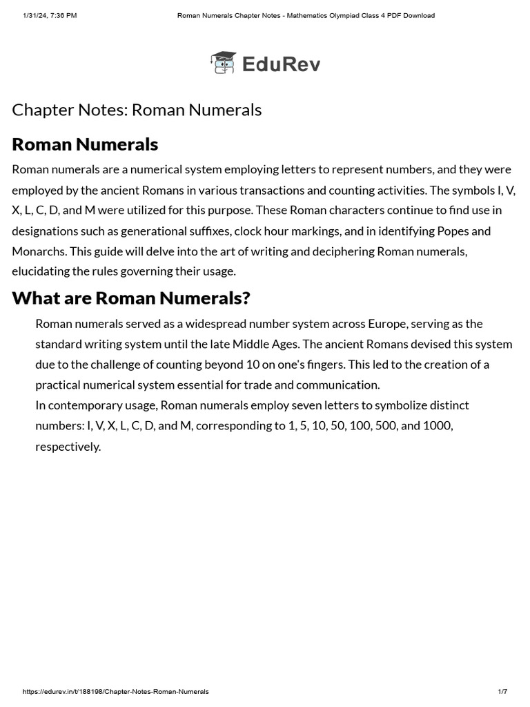 Roman Numerals Chapter Notes - Mathematics Olympiad Class 4 PDF ...