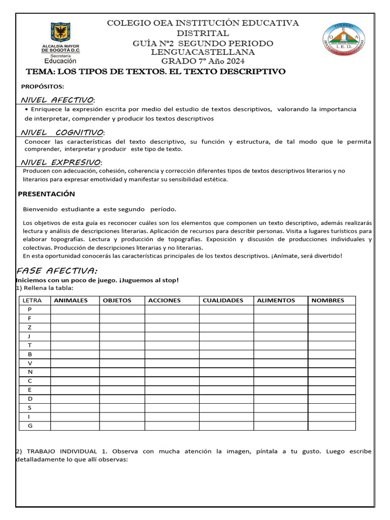 Guía de Textos Descriptivos 7º Grado | PDF | Narración | Novelas
