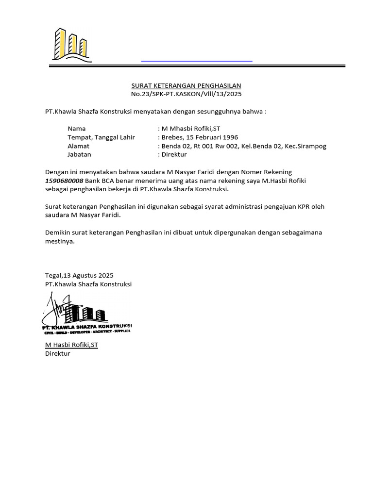 Surat Keterangan Penghasilan M.nasyar Faridi | PDF