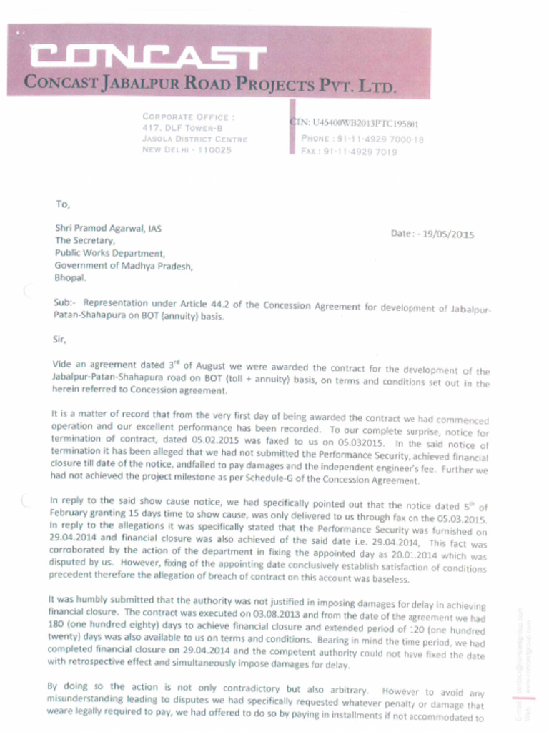 Jabalpur Letter Submitted To PWD - Secretary | PDF