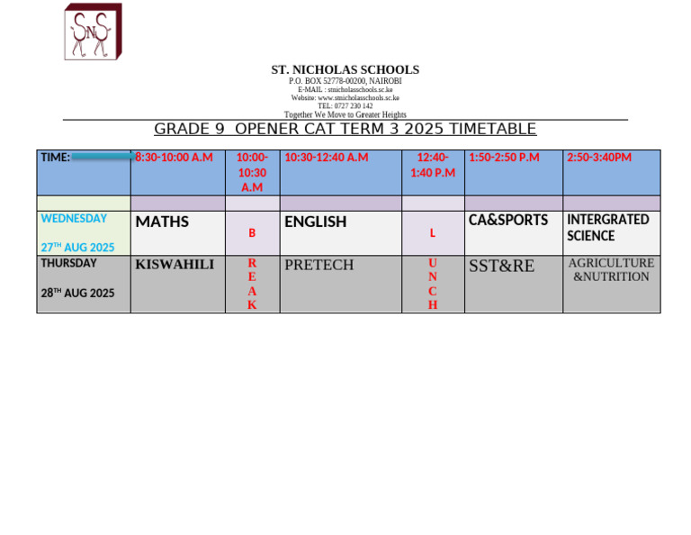 Grade 9 Opener Cat Term 3 2025 Timetable | PDF