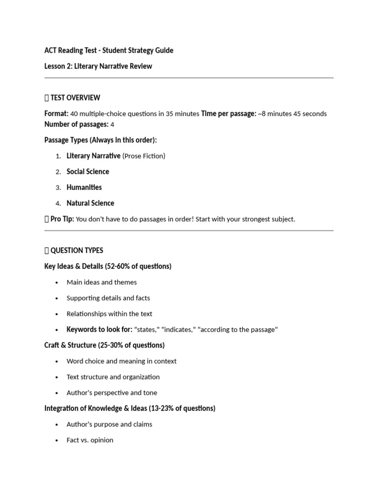 ACT Reading Day 1 Student Handout | PDF | Speed Reading | Narrative