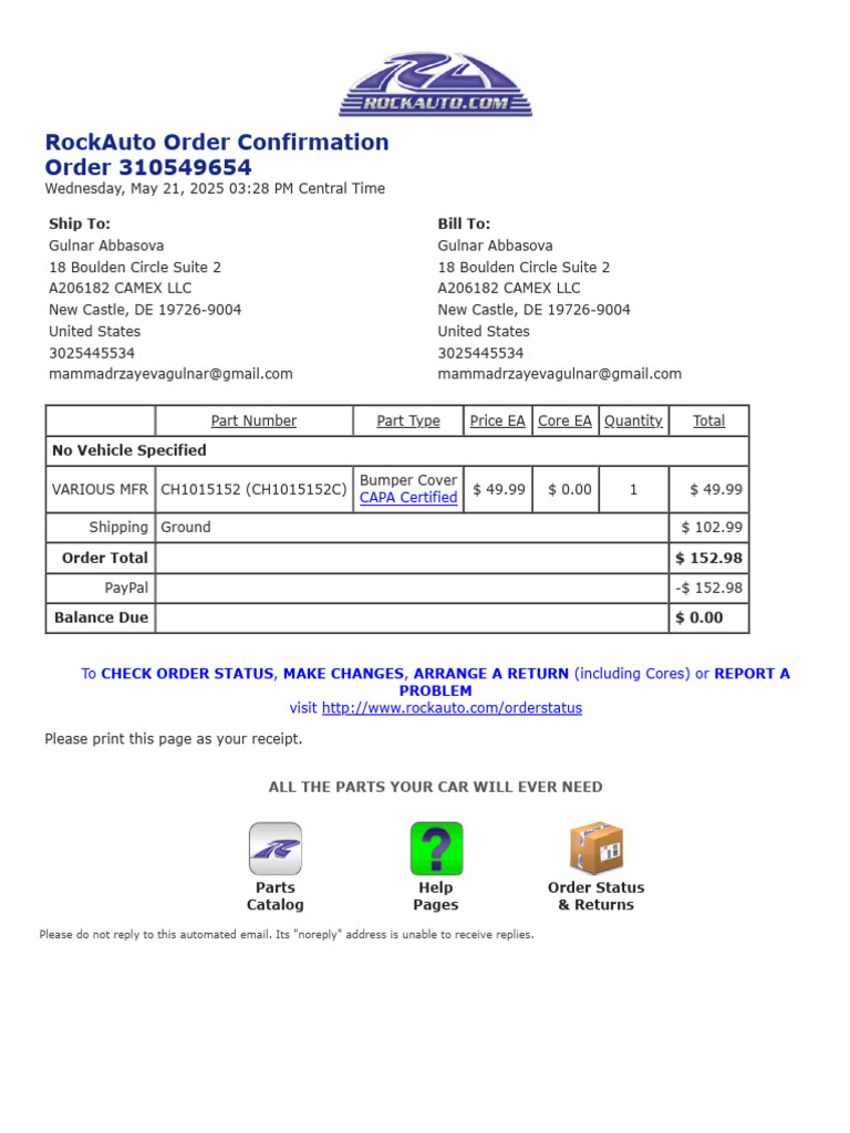 RockAuto Order Confirmation For Order 310549654 | PDF