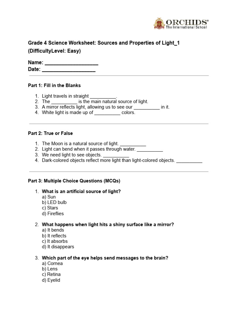 Grade 4 Science Worksheet 1 (DifficultyLevel Easy) | PDF