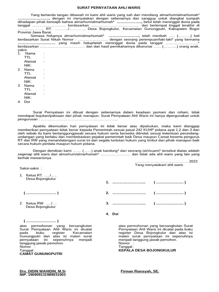 Draf Surat Pernyataan Ahli Waris Dan Kuasa | PDF