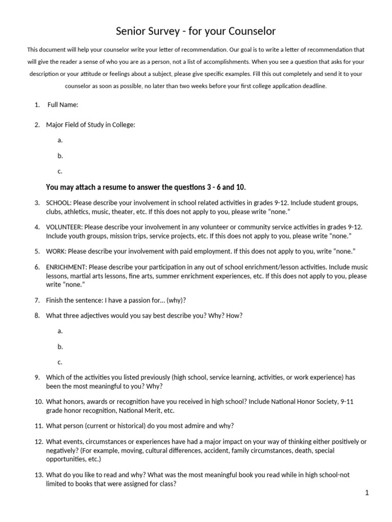 Senior Recommendation Survey Template | PDF