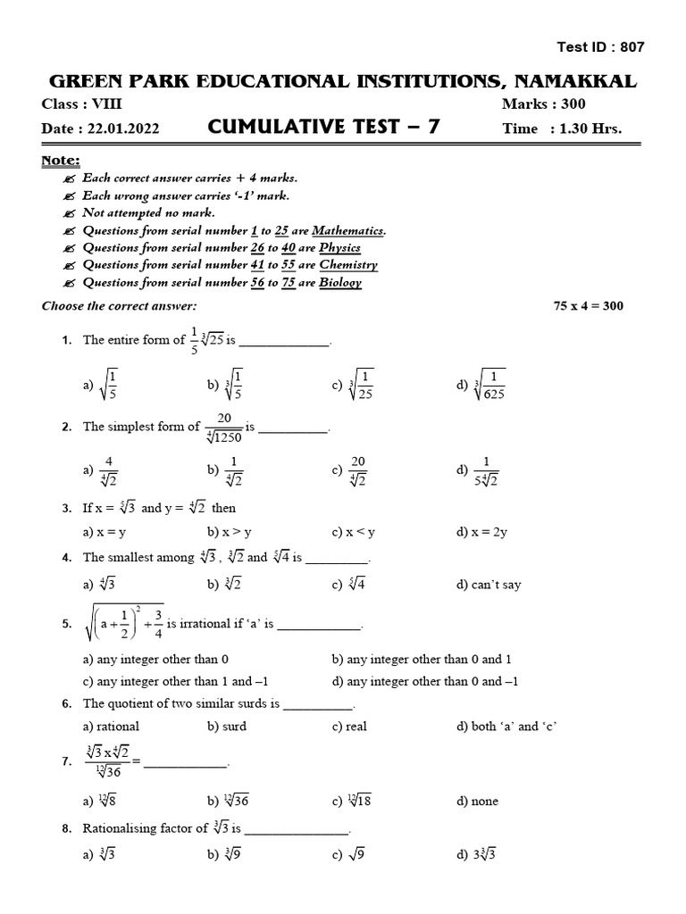 Cumulative Test Paper 7 | PDF