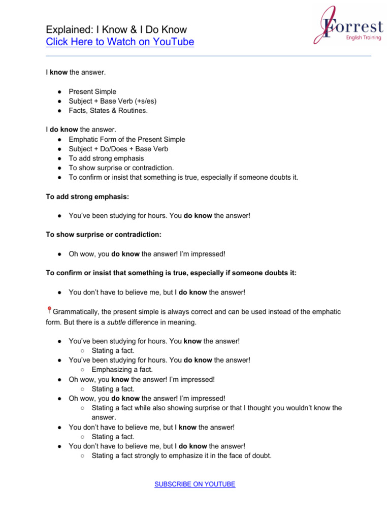 I Know Vs I Do Know by JForrest English | PDF | English Language ...
