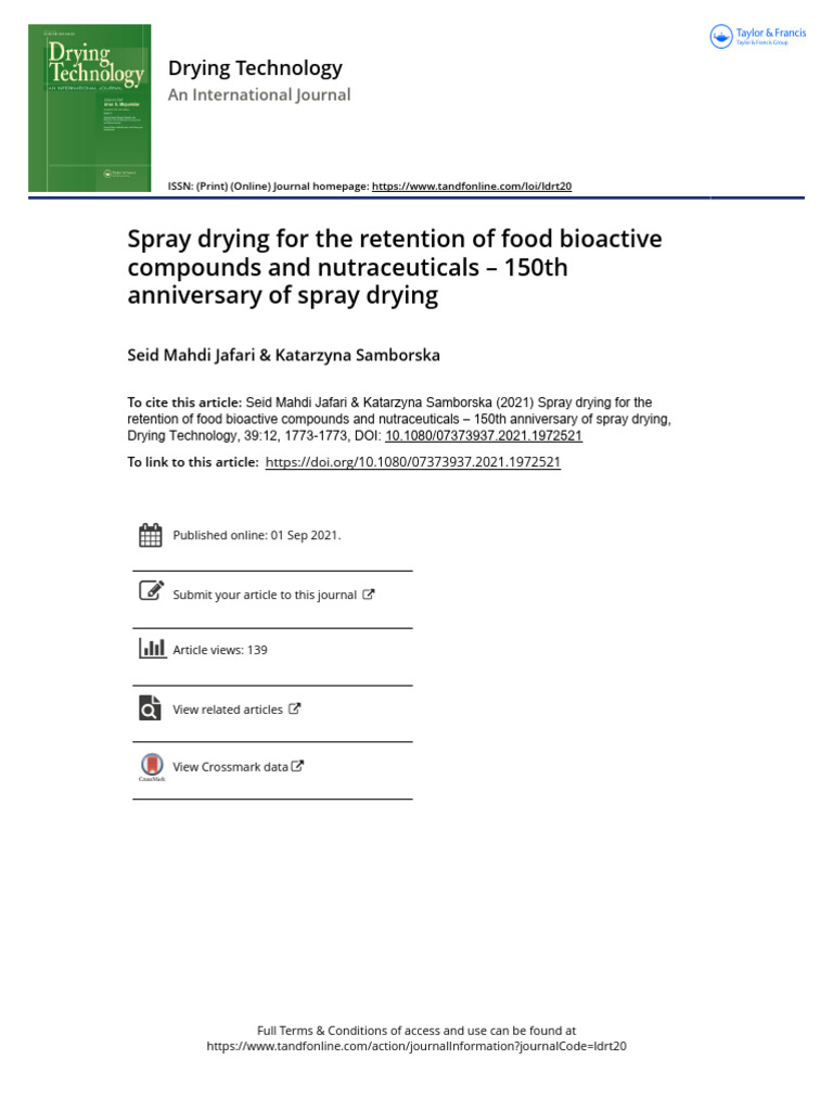 Spray Drying For The Retention of Food B | PDF | Chemistry