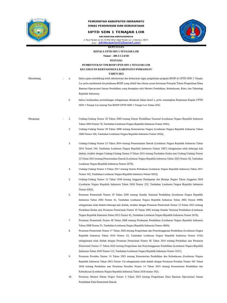 (Panduanmengajar - Com) - Contoh SK Tim BOS Sekolah 2025 | PDF