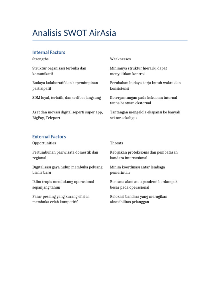 Analisis SWOT AirAsia: Kekuatan dan Tantangan | PDF