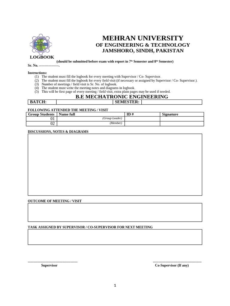 Mechatronic Engineering Logbook & FYP Forms | PDF