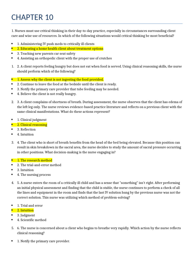 Critical Thinking Quiz | PDF | Medical Diagnosis | Nursing