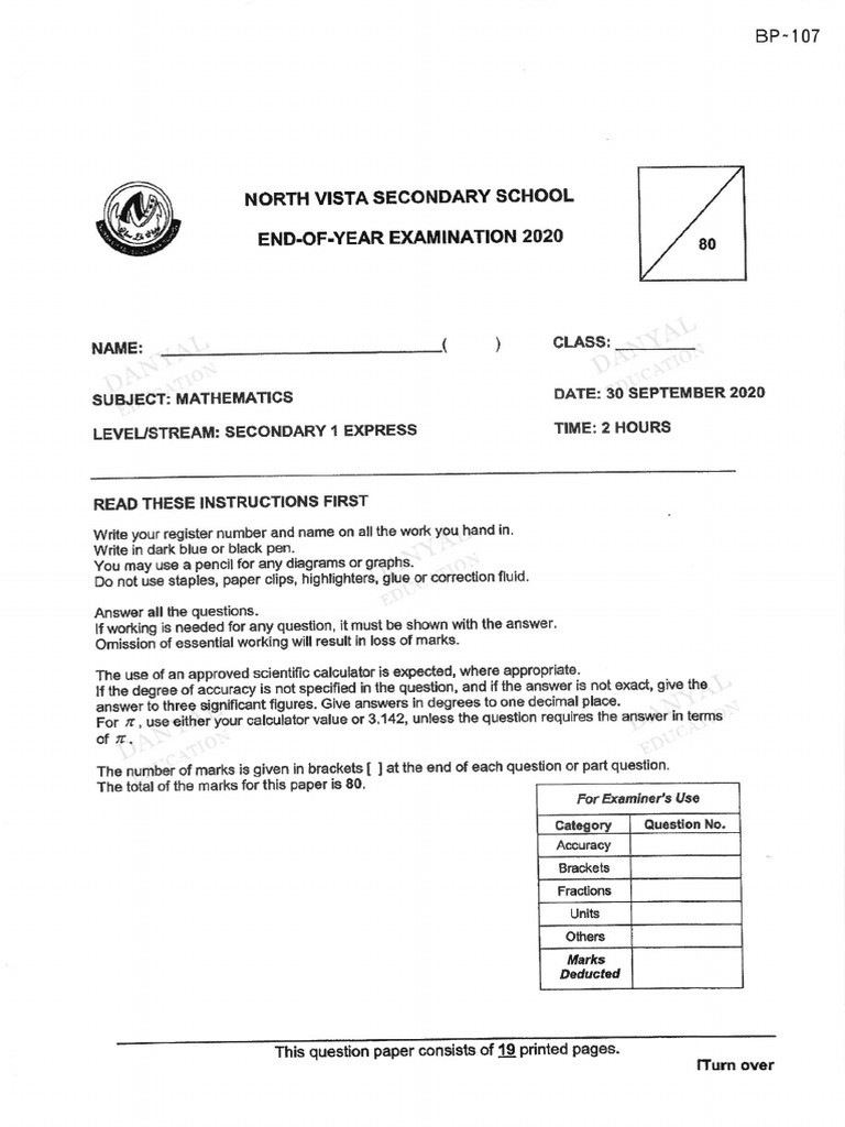 Secondary End of Year 2020 Sec 1 Math | PDF | Elementary Geometry