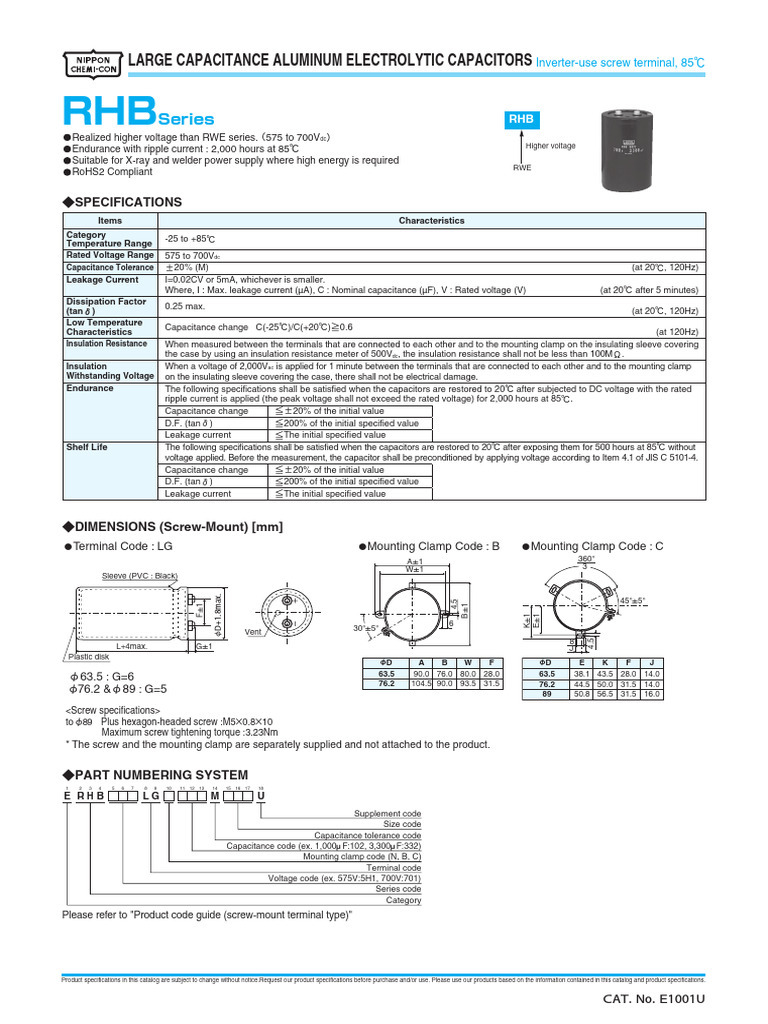 NCC Capacitors With Screw Terminals | PDF | Capacitor | Capacitance