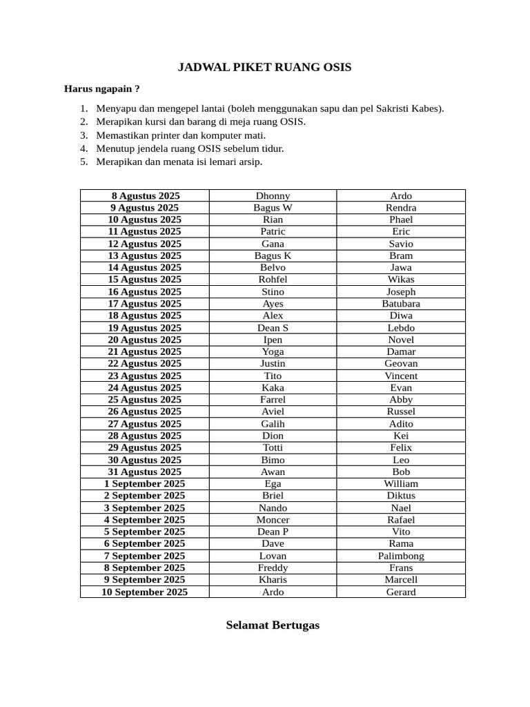 Jadwal Piket Ruang Osis | PDF