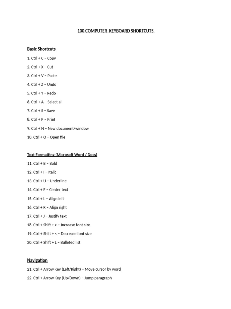 Essential Computer Keyboard Shortcuts | PDF | Control Key | Text