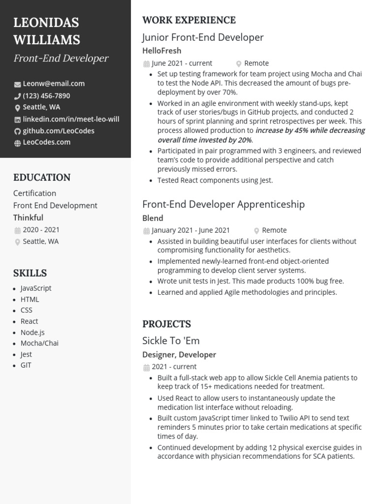 Entry Level Front End Developer Elegant Resume Example | PDF | Computing | Computer Programming