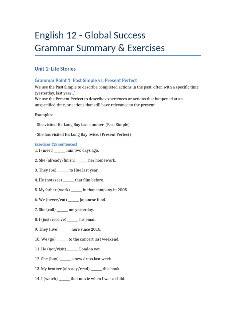 English 12 Grammar Summary & Exercises | PDF | Linguistics | Syntax