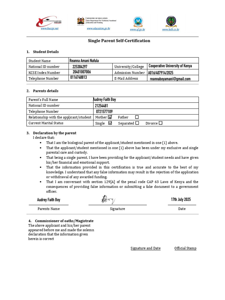 Single Parent Self Certification - Copy 2 | PDF