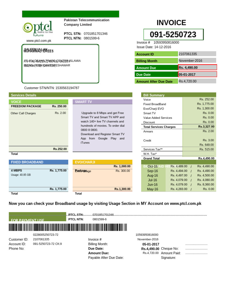 PTCL NTN and Billing Summary | PDF | Service Industries