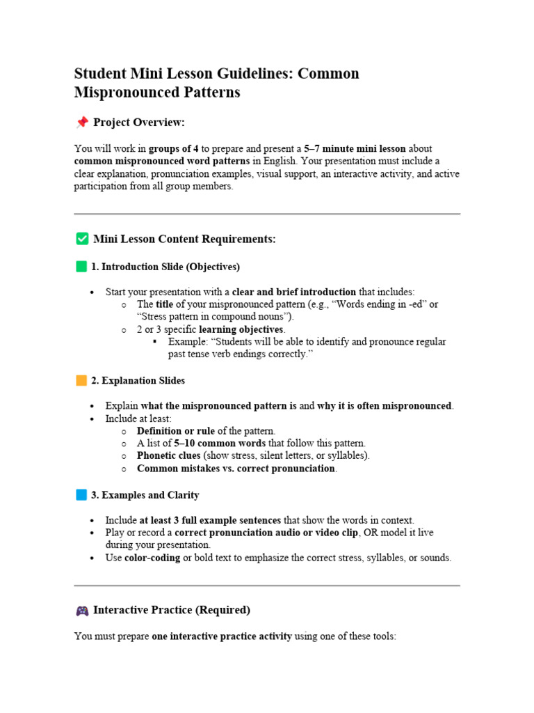 Student Mini Lesson Guidelines | PDF | Stress (Linguistics) | Word