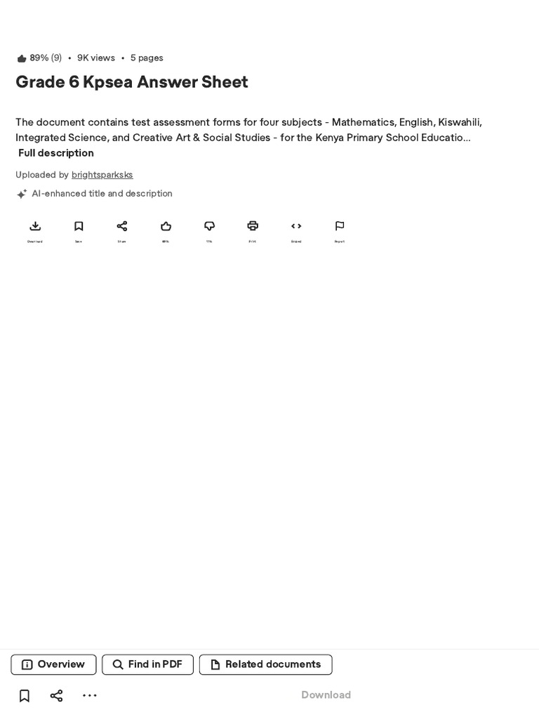 Grade 6 Kpsea Answer Sheet - PDF - Student Assessment and Evalua | PDF | Scribd