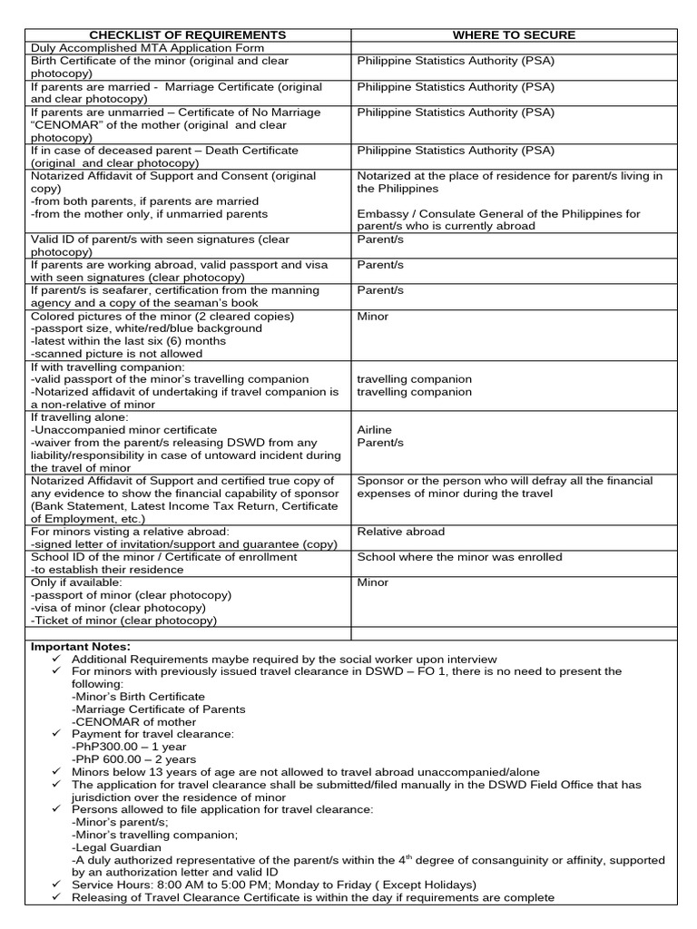 Minor Travel Checklist of Requirements | PDF | Travel Visa | Government And Personhood