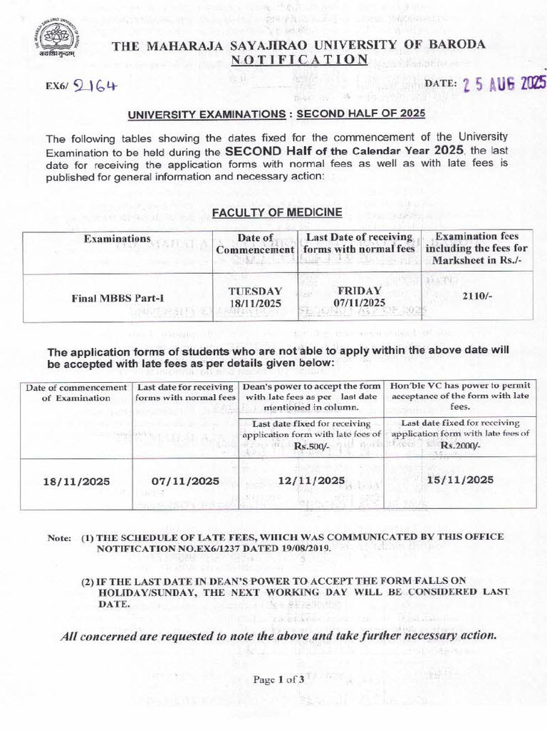 Notification for FINAL MBBS PART-I Examination NOV-2025 | PDF