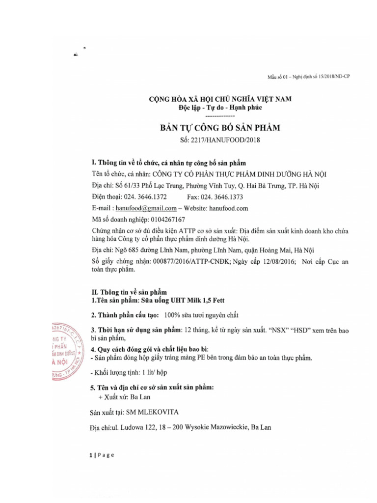 Ho So Tu Cong Bo San Pham Sua Uong Uht Milk 1 5 Fett | PDF