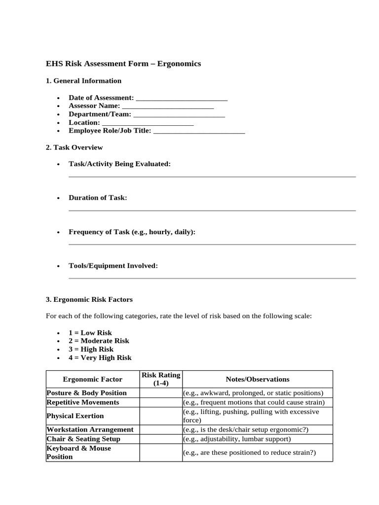Ergonomic Risk Assessment Template | PDF | Diseases And Disorders ...
