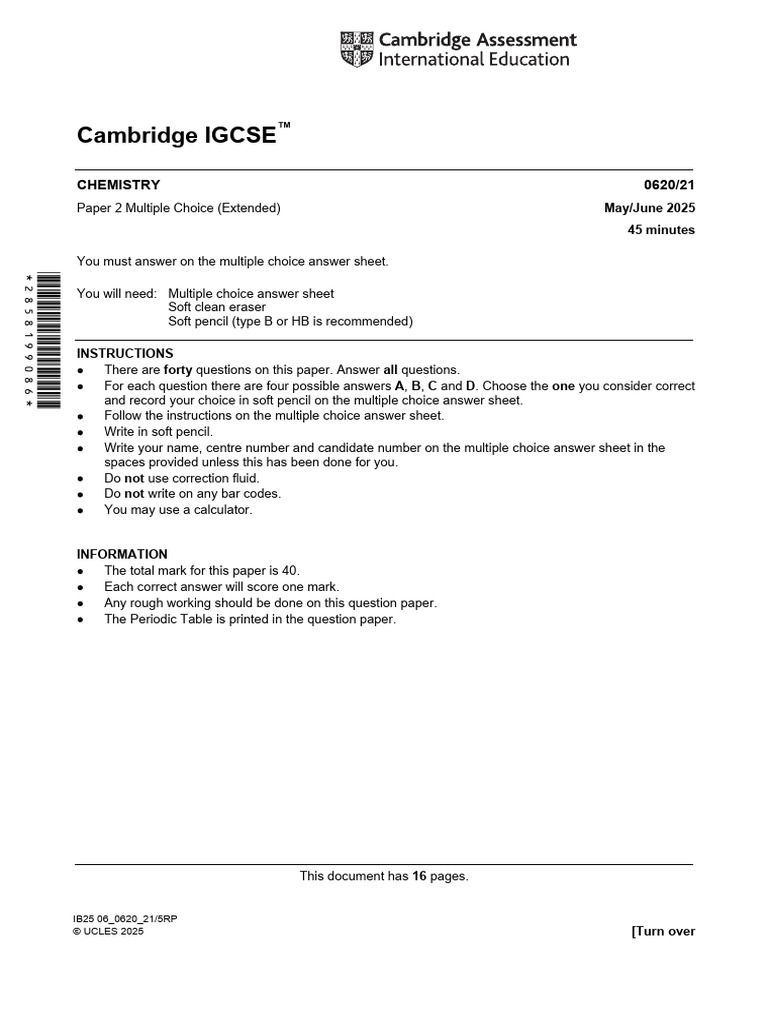 Cambridge IGCSE: Chemistry 0620/21 | PDF | Nitrogen | Chemical Reactions