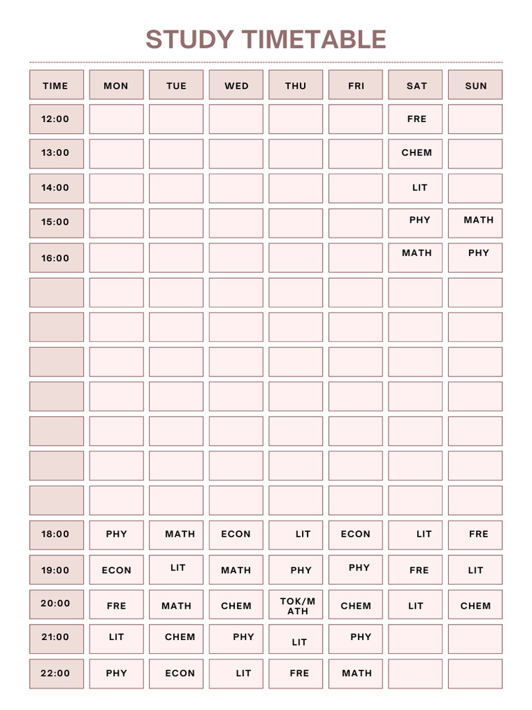 Pink & White Minimalist Study Timetable Planner | PDF