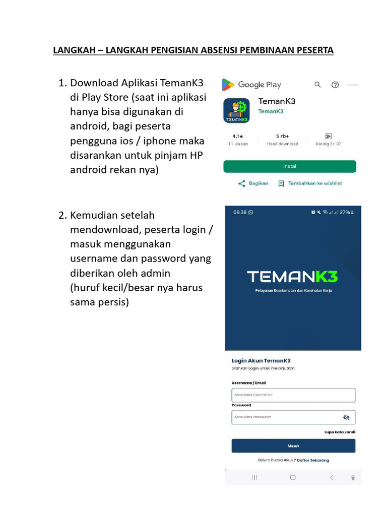 Langkah-Langkah Pengisian Absensi Peserta Di Aplikasi Temank3 | PDF